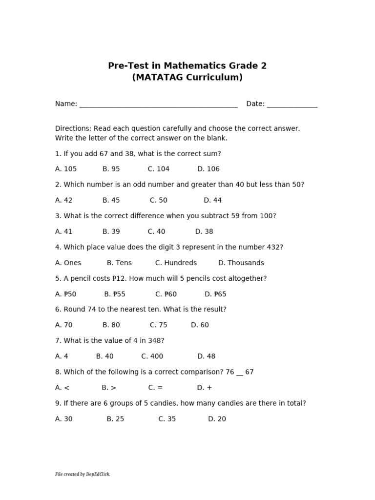 Math Grade2 PreTest DepEdClick | PDF | Numbers | Mathematics