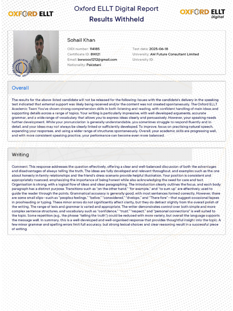 Oxford ELLT Report Sohail Khan 814121 | PDF
