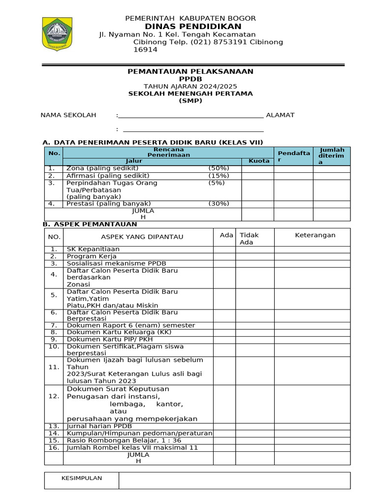 INSTRUMEN MONEV PPDB 2024 Kab Bogor | PDF