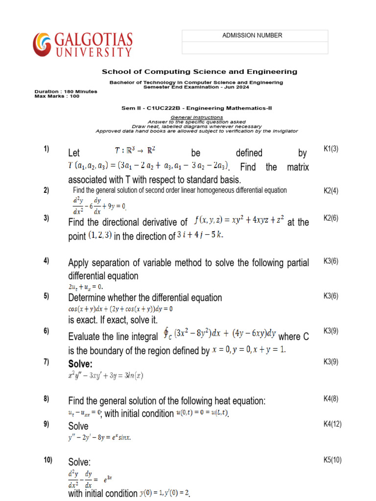 C1UC222B - Engineering Mathematics-II | PDF | Equations | Differential Calculus