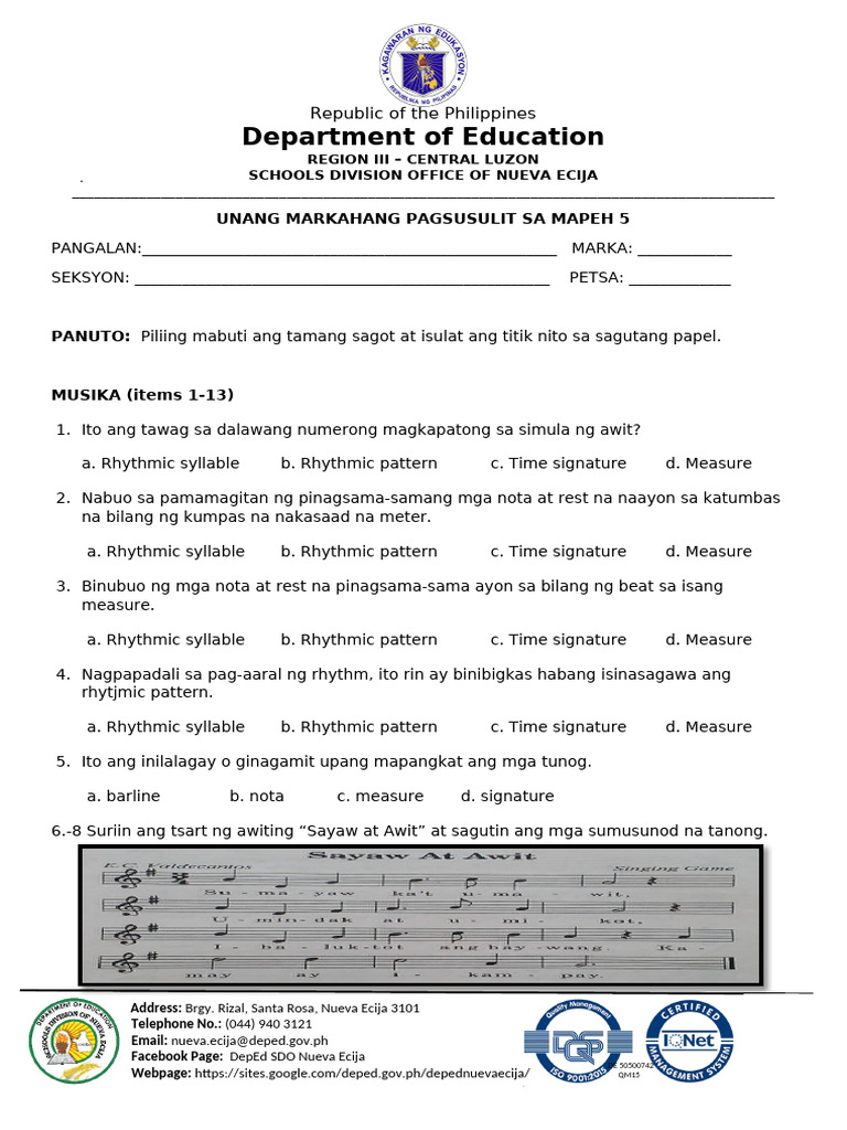 Grade 5 1st Quarter Mapeh PT | PDF