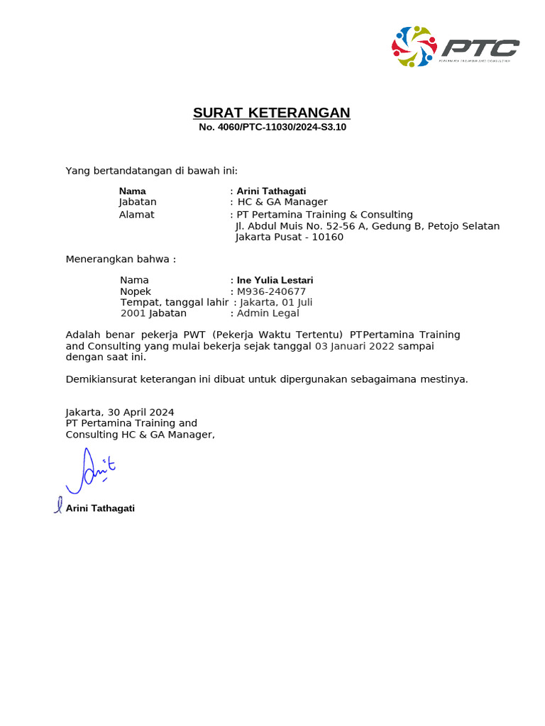 Ine Yulia Lestari SK Kerja PTC | PDF