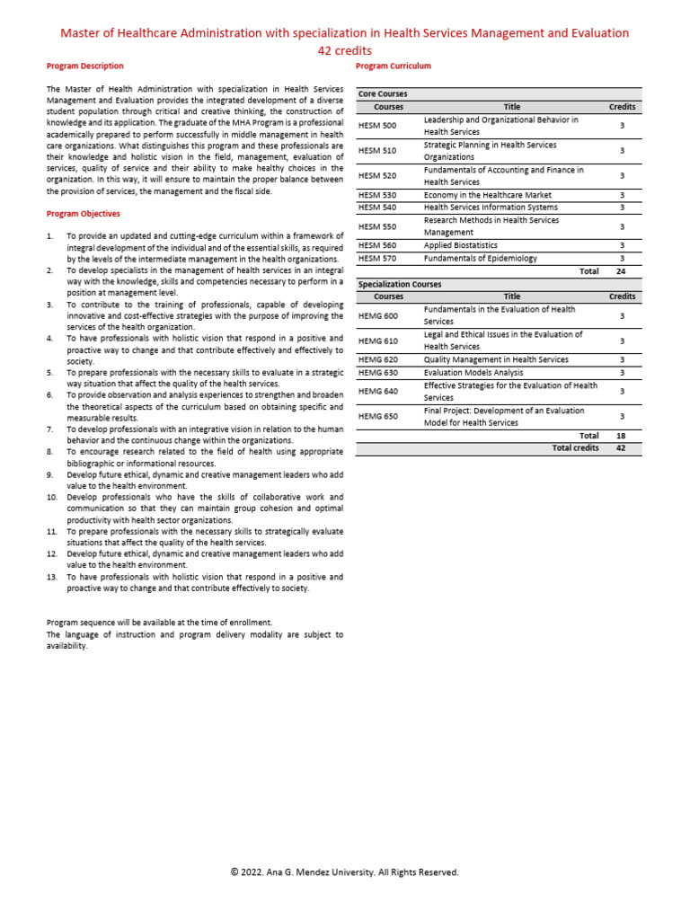 Master of Healthcare Administration With Specialization in Health ...