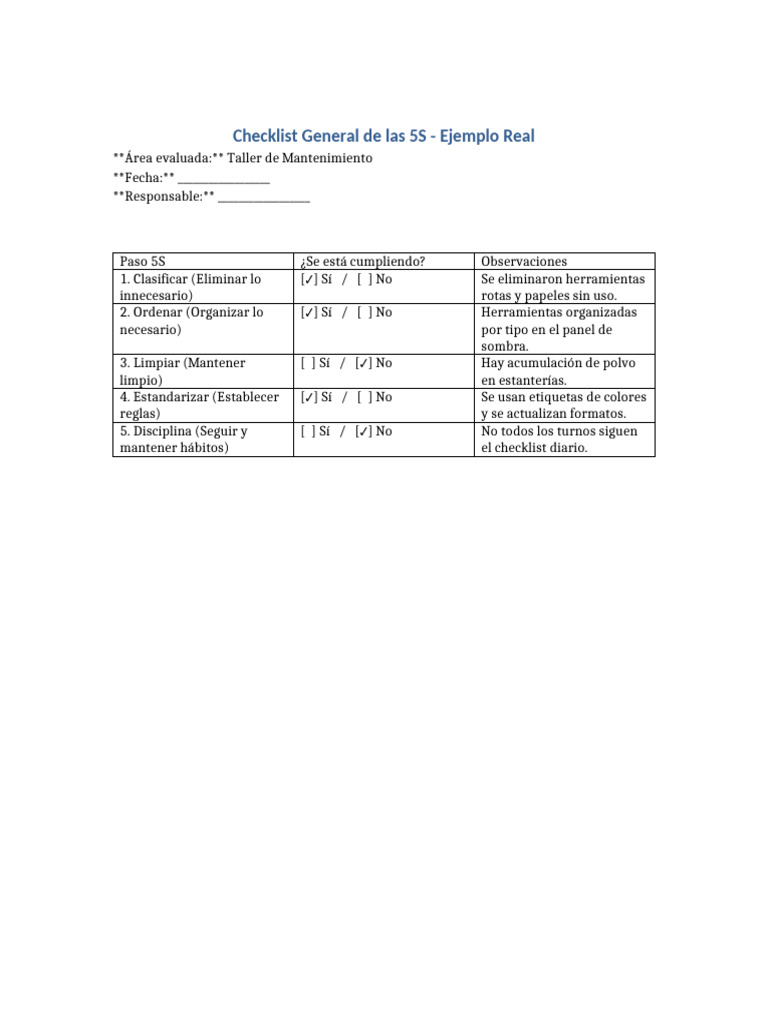 Checklist 5S Ejemplo Real | PDF