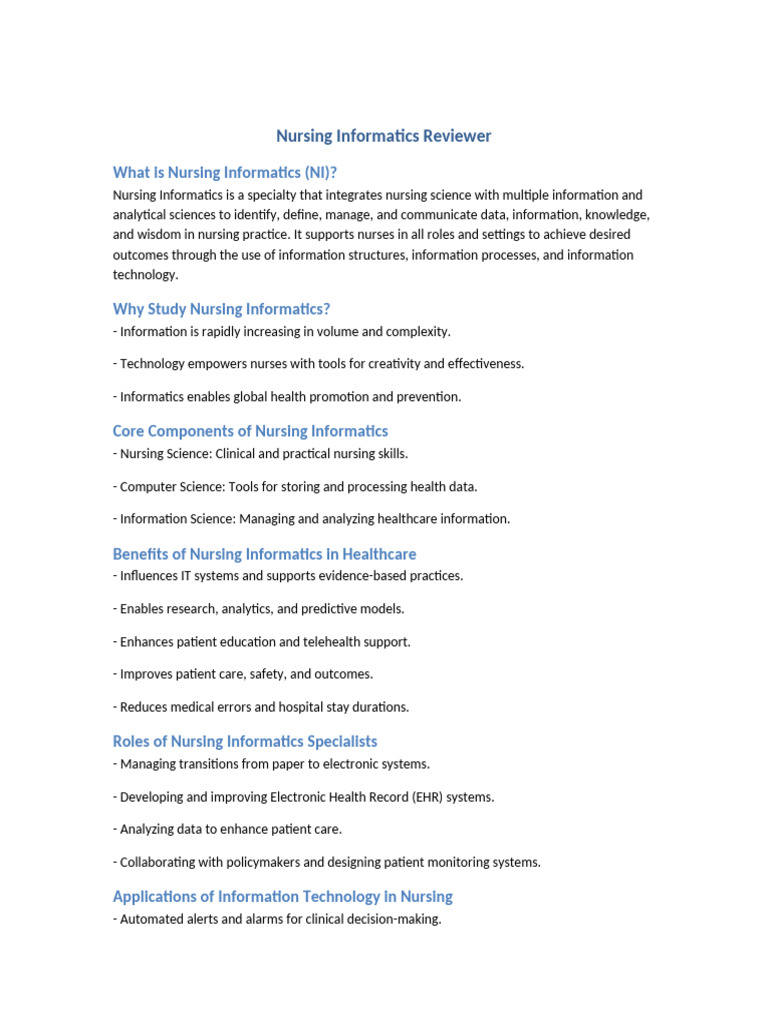 Nursing Informatics Reviewer | PDF | Health Informatics | Electronic ...