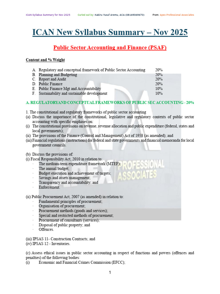 ICAN New Syllabus Summary - PSAF | PDF | Public Finance | Balance Sheet
