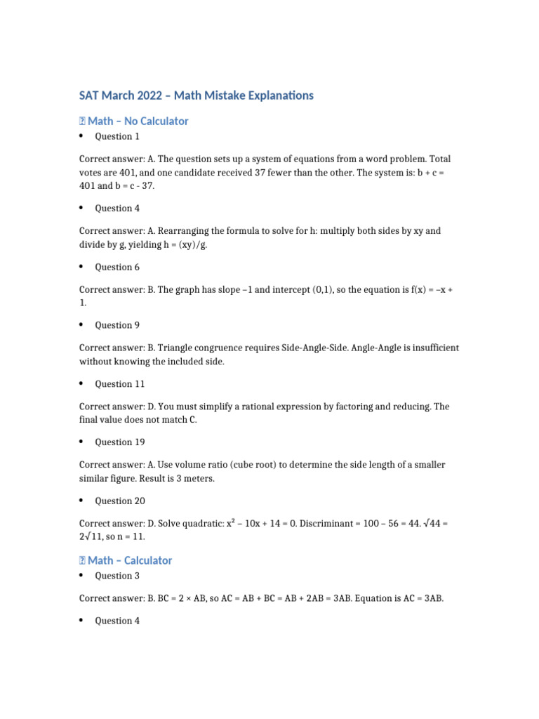 SAT Math Remaining Mistakes Explanations | PDF