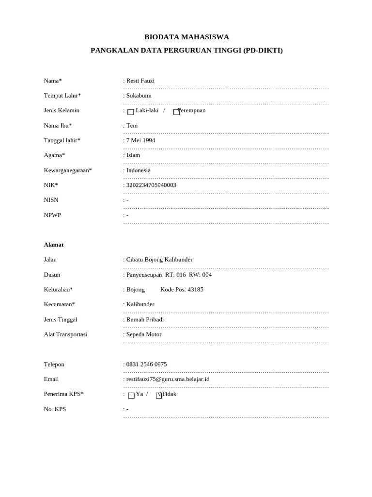 Biodata Resti Fauzi | PDF