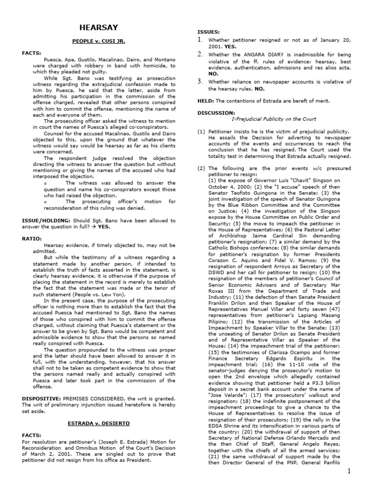 Case Digest On HEarsay Rule | PDF | Hearsay | Evidence (Law)