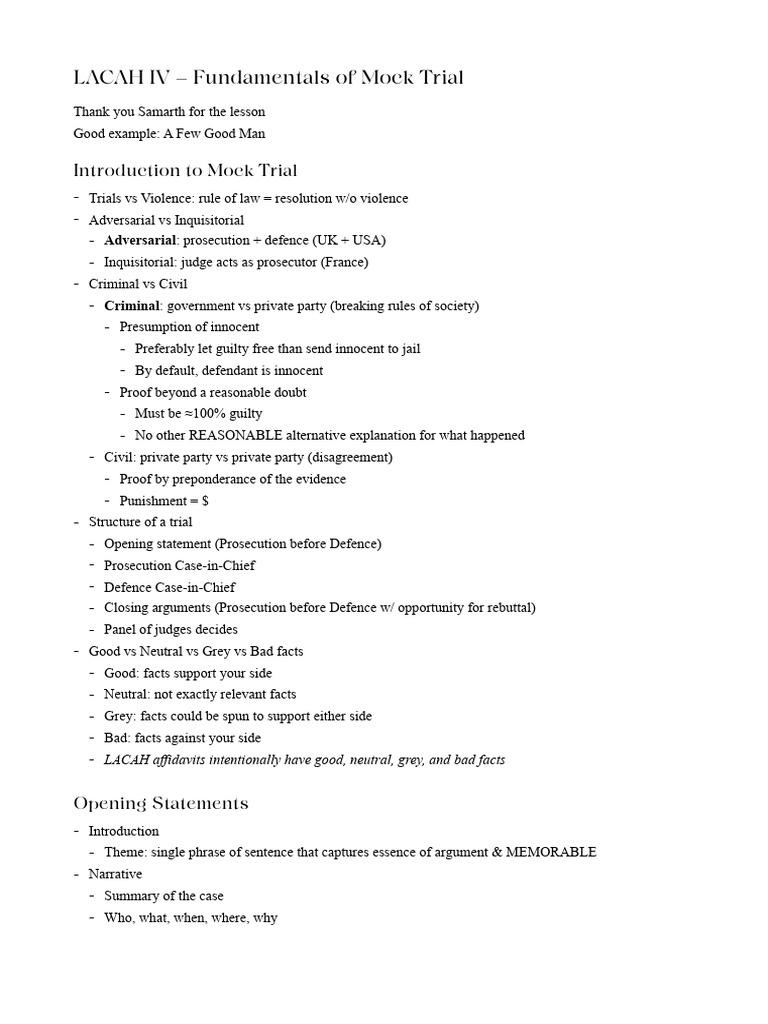 Fundamentals of Mock Trial LACAH IV | PDF | Burden Of Proof (Law) | Trials