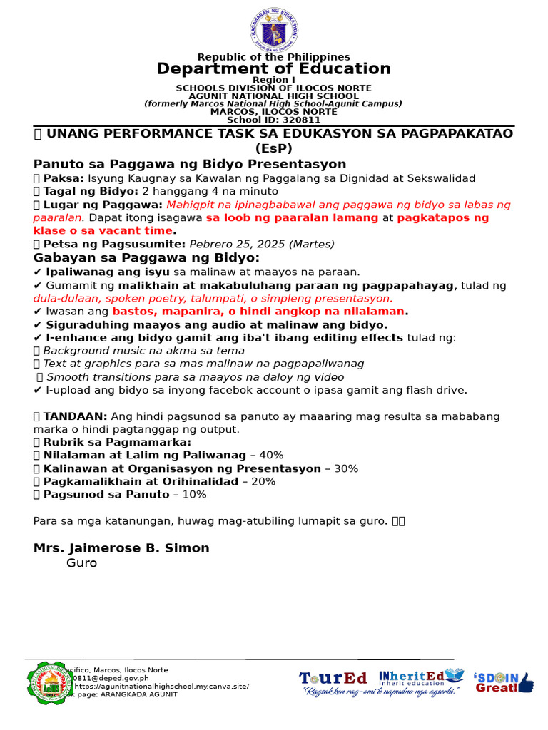? Unang Performance Task Sa Edukasyon Sa Pagpapakatao | PDF