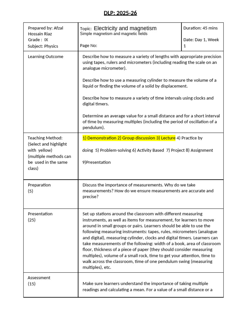 Lesson Plan Physics G9 2025-2026 Week 1 | PDF | Acceleration | Euclidean Vector