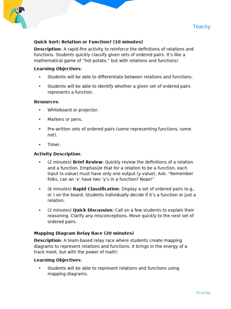 Fun Activities for Teaching Functions | PDF | Function (Mathematics ...