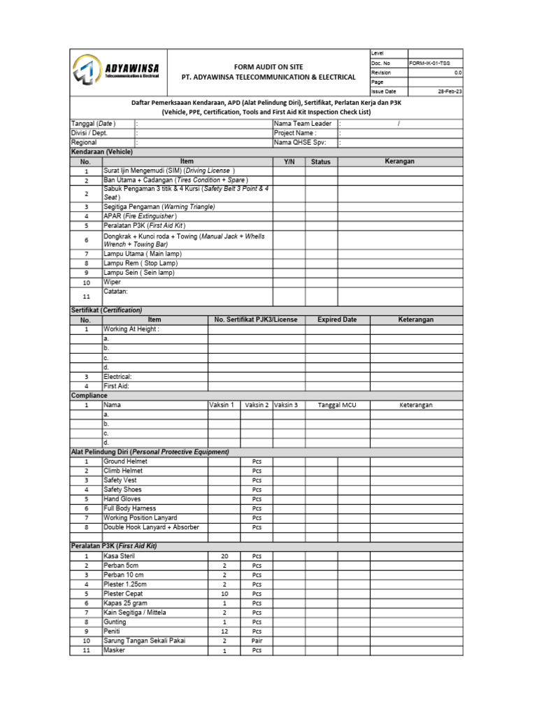 Check List Pemeriksaaan APD, Tools, Kendaraan, Sertifikat | PDF