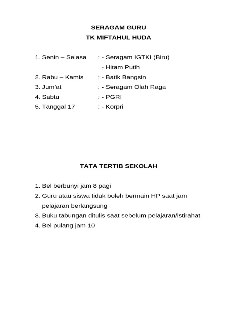 Seragam Guru TK Miftahul Huda | PDF