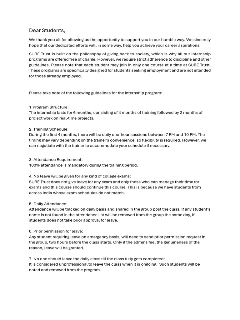 Instructions For Students Regarding 6-Months Internship Program-Without ...