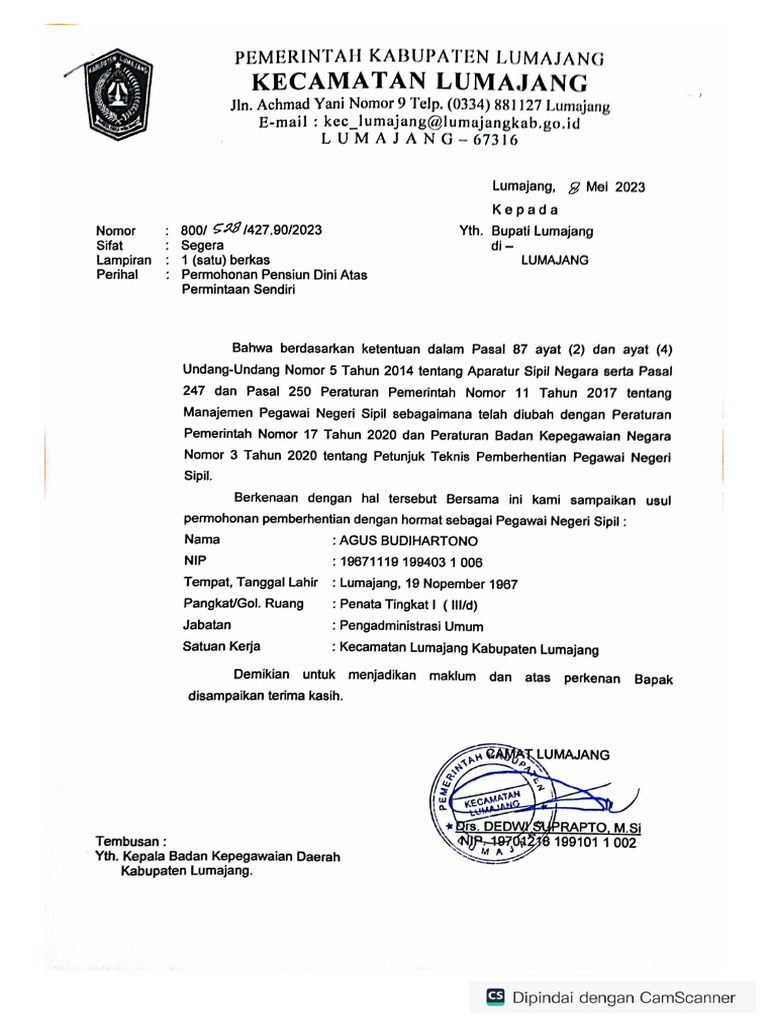 Surat Permohonan Pensiun APS | PDF