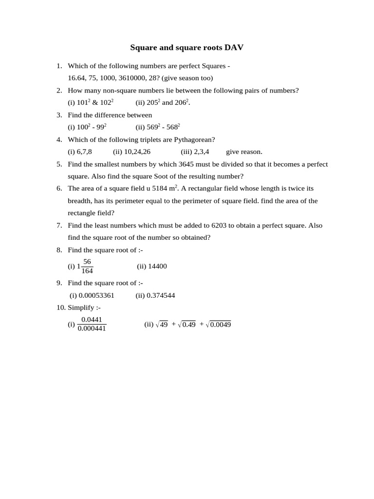 Perfect Squares and Roots Exercises | PDF