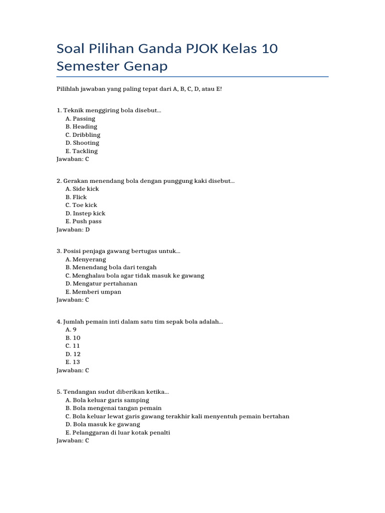 Soal PJOK Kelas 10 Semester Genap Lengkap | PDF