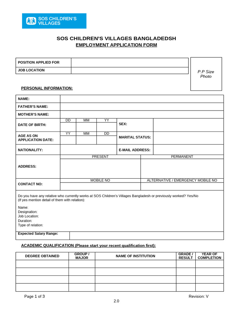 SOS Children's Villages Job Application Form | PDF