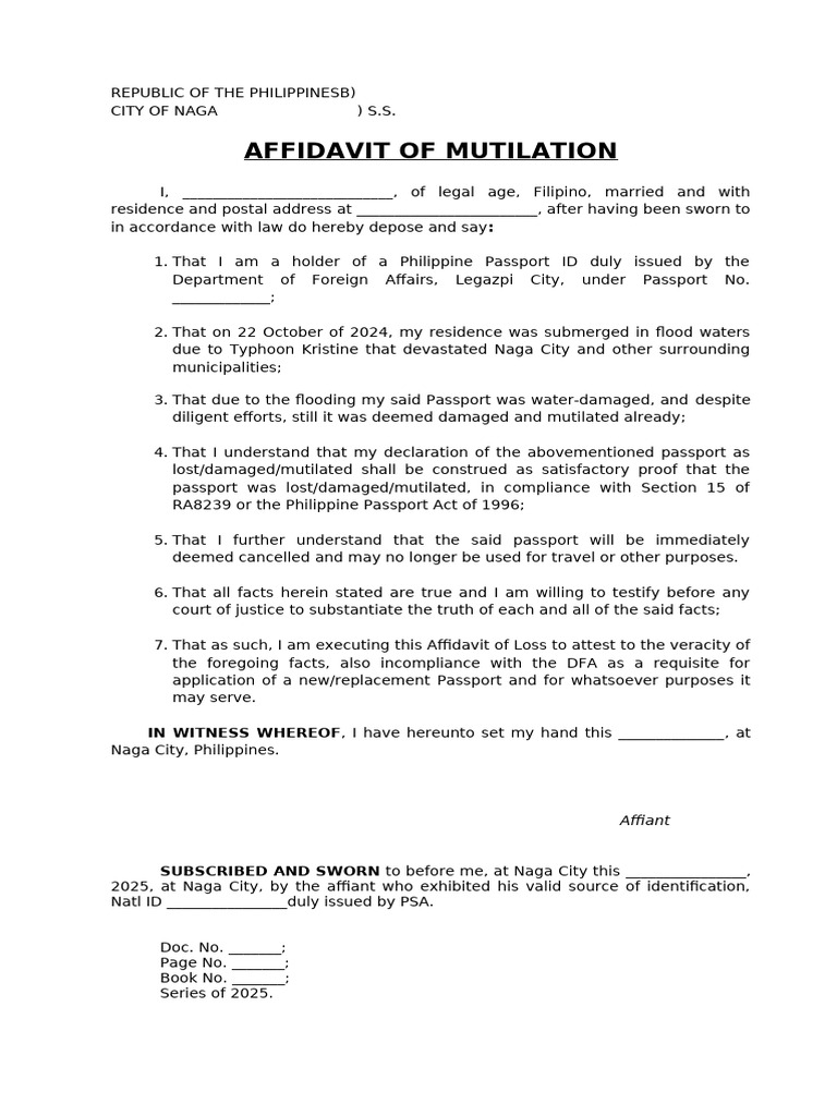 Affidavit of Damaged or Mutilation of Passport | PDF