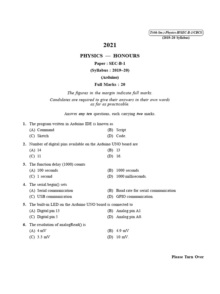 CU-2021 B.sc. (Honours) Physics Semester-IV Paper-SEC-B-1 (For Syl. 2019-20) QP | PDF | Electric ...
