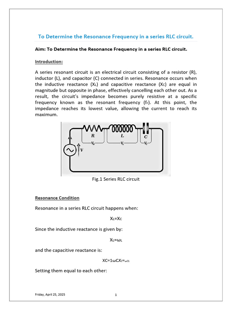 To Determine The Resonance Frequency in A Series RLC Circuit | PDF ...