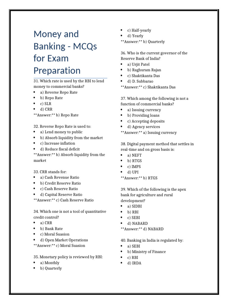 Money and Banking MCQs | PDF | Reserve Bank Of India | Money