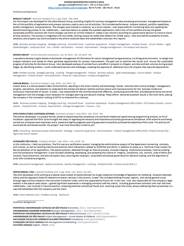 Business Analyst Experience Overview | PDF | Scrum (Software ...