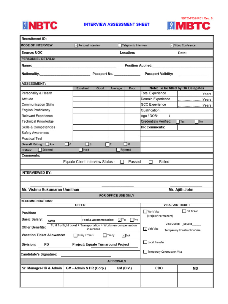 NBTC Interview Assessment Summary | PDF