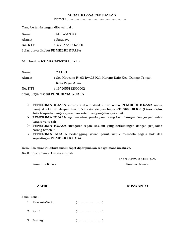 Surat Kuasa Penjualan Kebun 5 Hektar | PDF