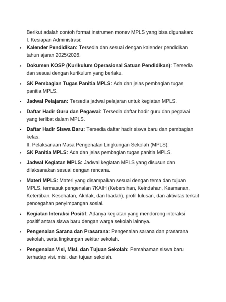 Berikut Adalah Contoh Format Instrumen Monev MPLS Yang Bisa Digunakan | PDF