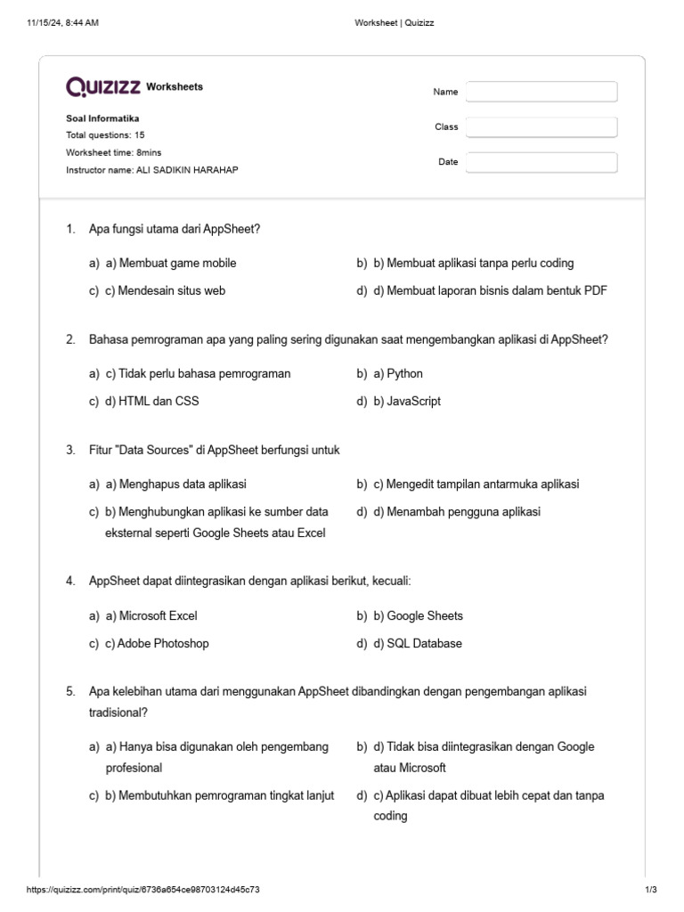 Worksheet Quizizz AppSheet | PDF