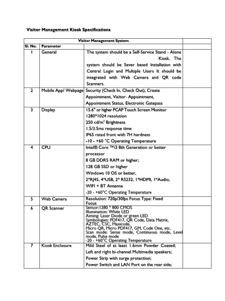 Visitor Management Specifications | PDF | Qr Code | Touchscreen