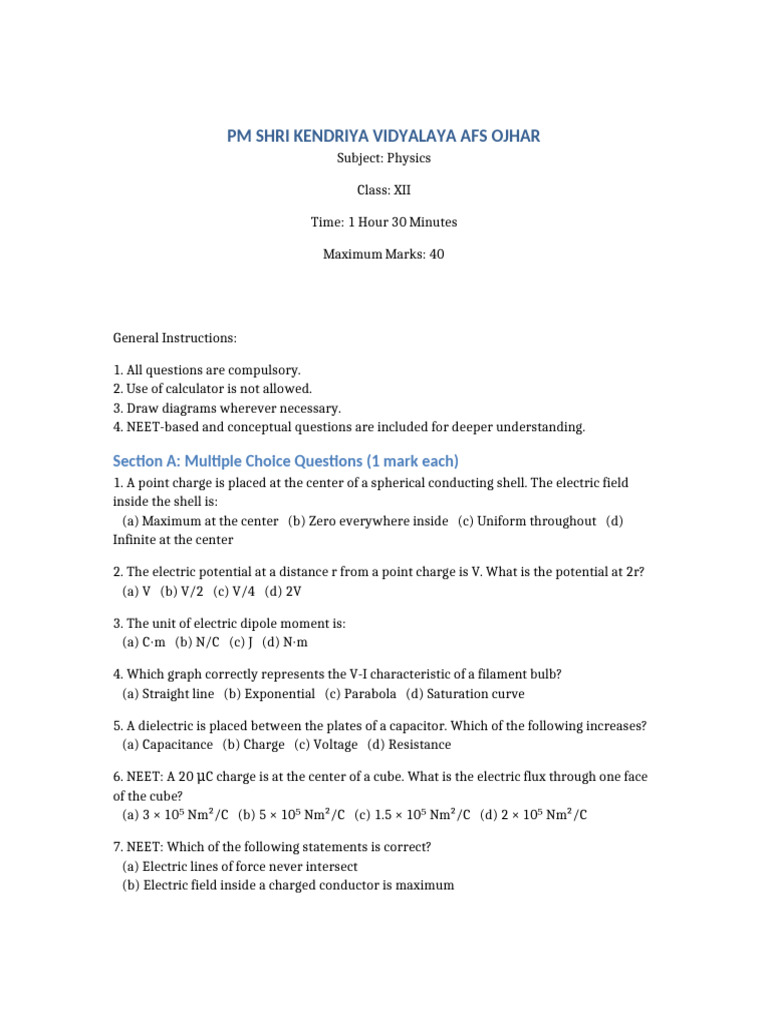 Class12 Physics Hard Question Paper PM SHRI | PDF | Capacitor | Capacitance