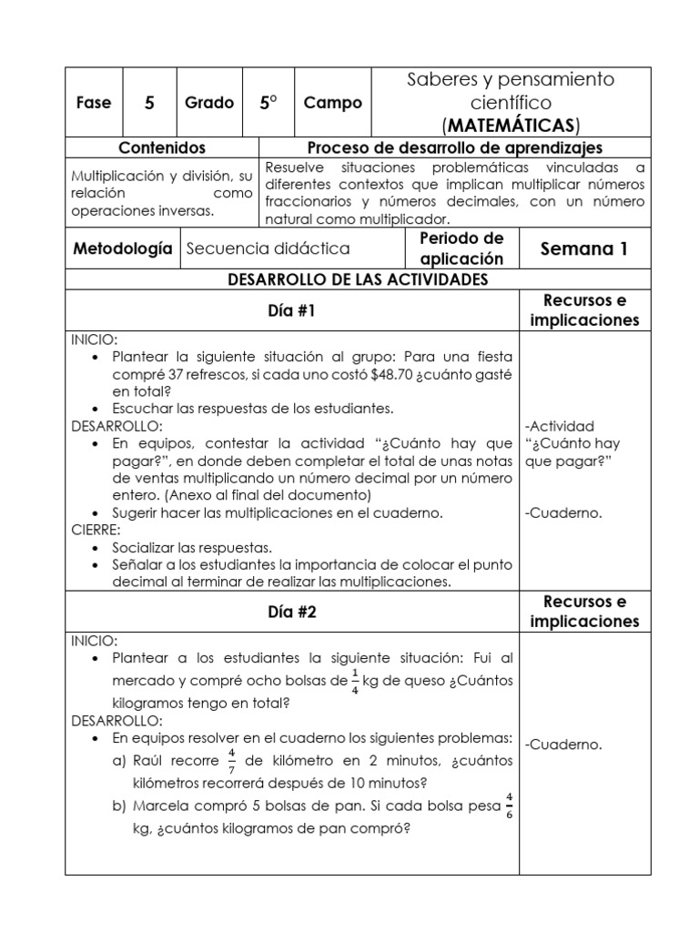 Multiplicación y división en 5° grado | PDF | División (Matemáticas ...