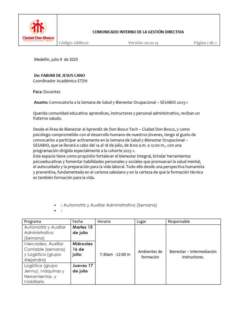 Gdr020 Comunicado Interno Académico | PDF