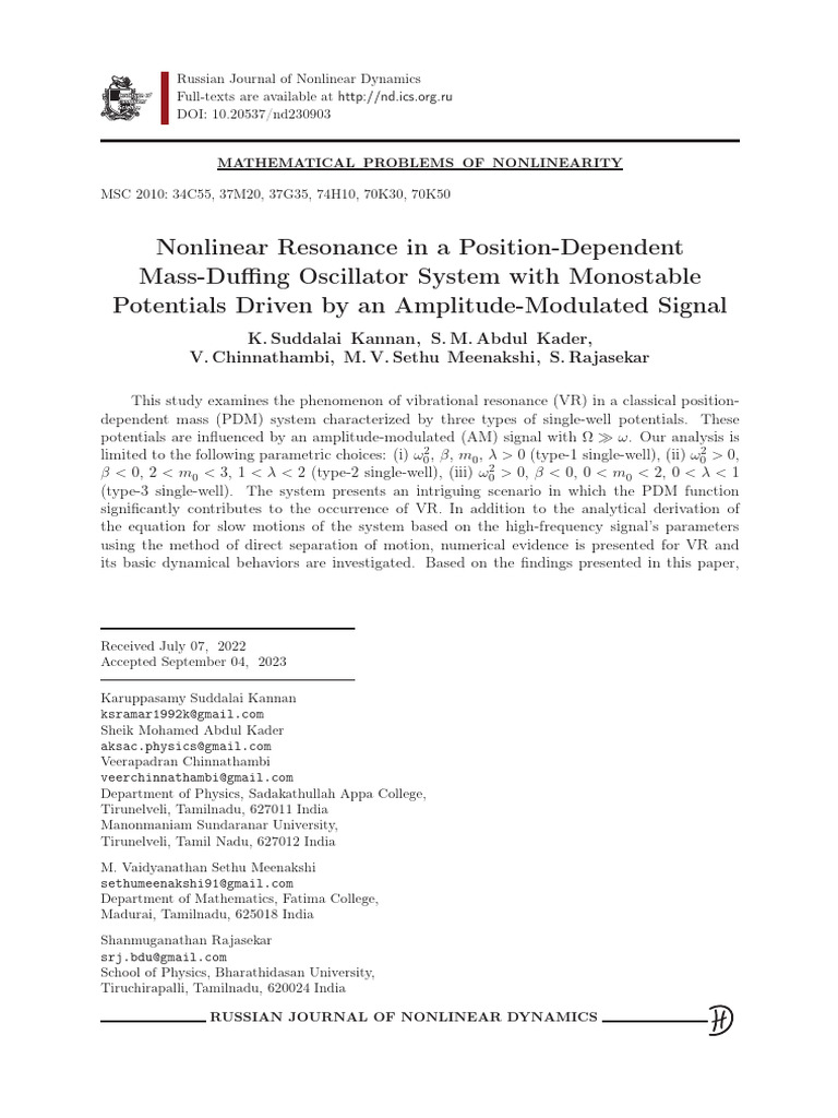 Nonlinear Resonance in PDM Oscillators | PDF | Resonance | Physics
