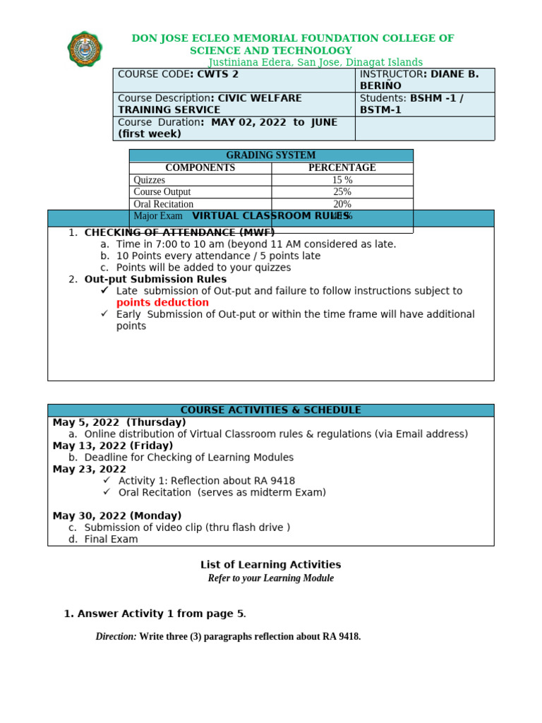 NSTP2-CWTS - Virtual Classroom Rules and Schedule | PDF