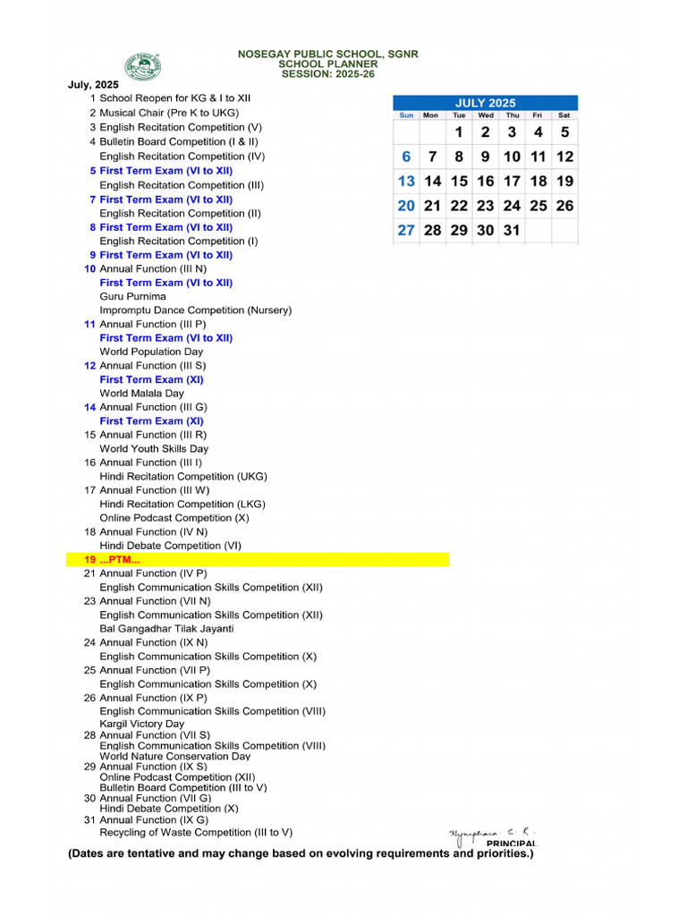 Revised School Planner July & August Month 2025-26 | PDF