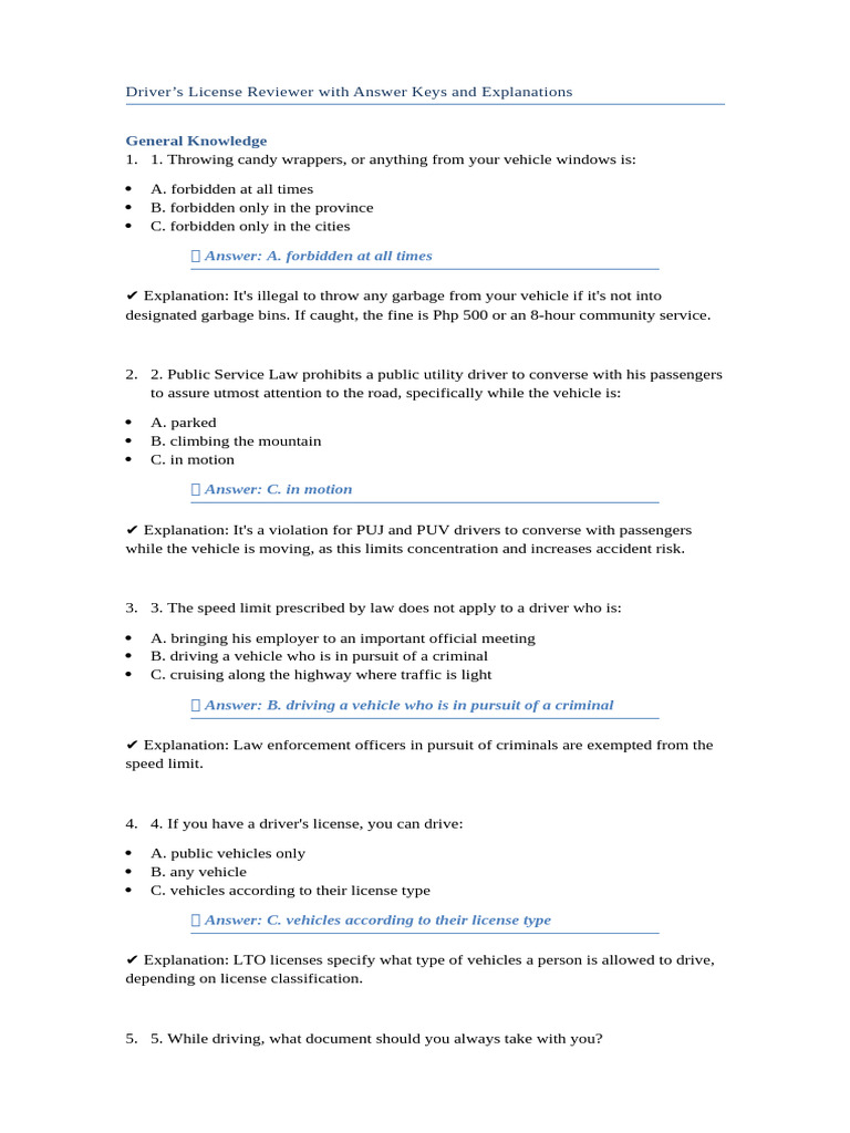 Driver Reviewer General Knowledge and Parking | PDF | Driving | Driver's License