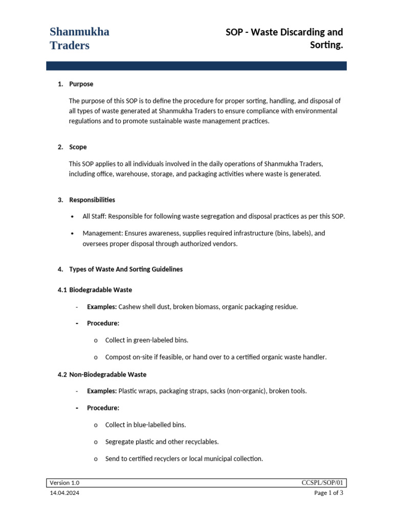 01 SOP-Waste Discarding and Sorting | PDF | Waste | Waste Management