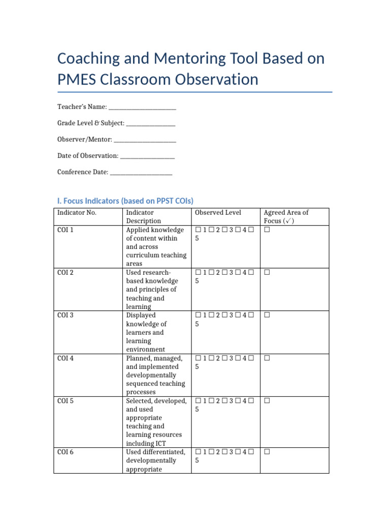 Coaching and Mentoring Tool PMES | PDF | Mentorship | Educational Technology