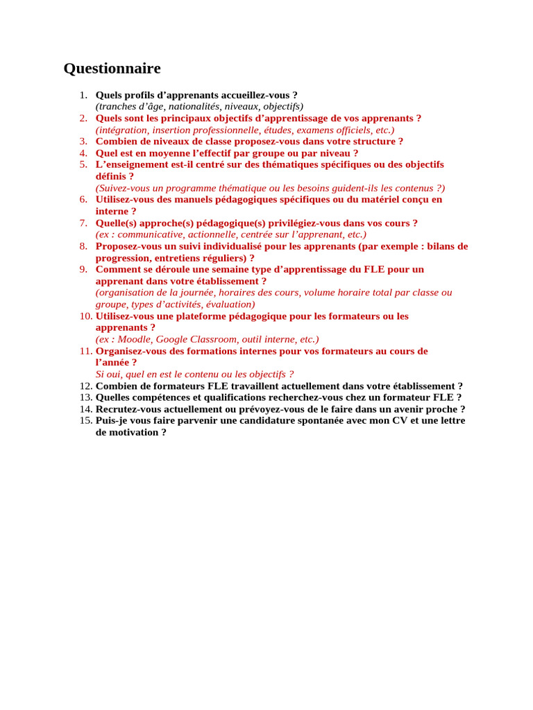 Questionnaire sur l'enseignement du FLE | PDF