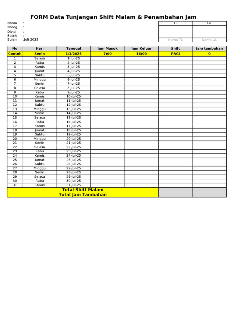 Form Data Tunjangan Shift Dan Jam Tambahan Juli | PDF