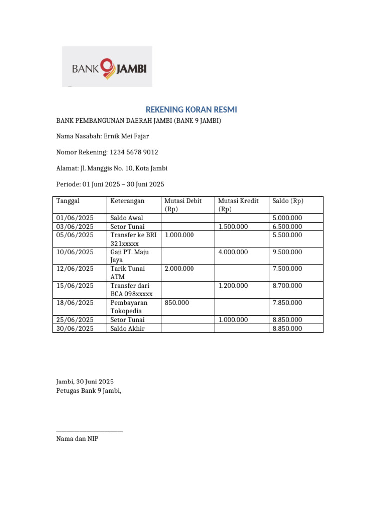 Rekening Koran Bank 9 Jambi 2025 | PDF