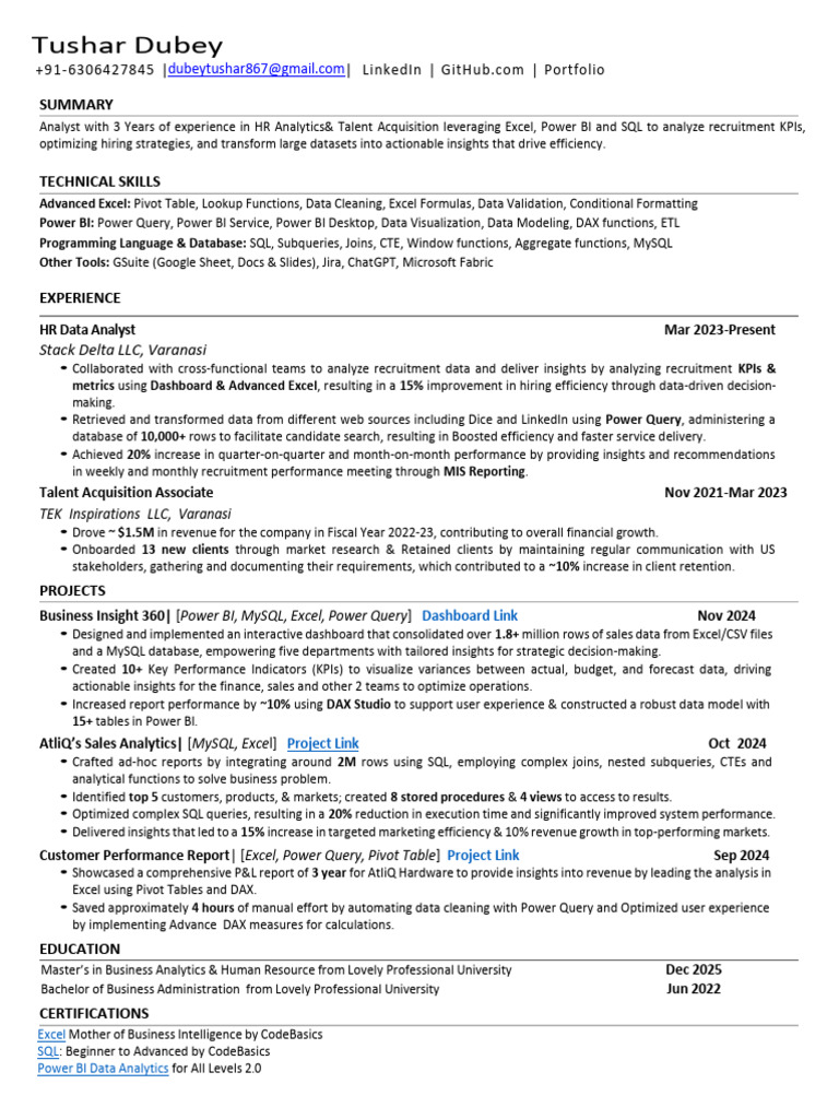 Tushar Dubey 3 Years Data Analyst Immediate Joiner PDF | PDF | Microsoft Excel | Databases