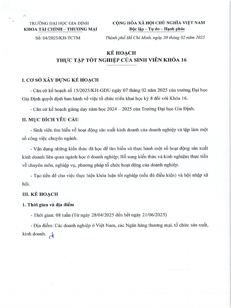 04 - 2025 - KH - TCTM - VV Thuc Tap Tot Nghiep Cua Sinh Vien Khoa 16 | PDF