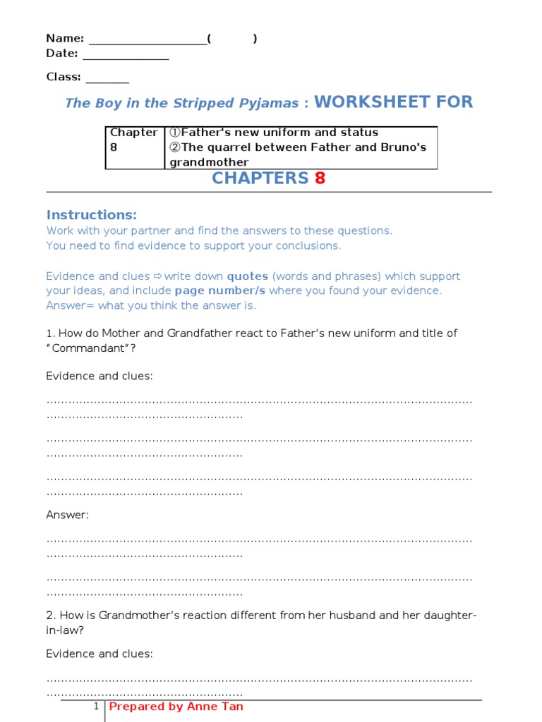 Chapter 8 Worksheet: The Boy in the Striped Pyjamas | PDF | Violence