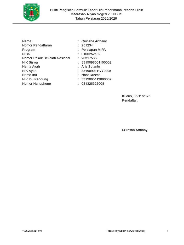 Bukti Pengisian Formulir Lapor Diri (Quinsha Arthany) | PDF